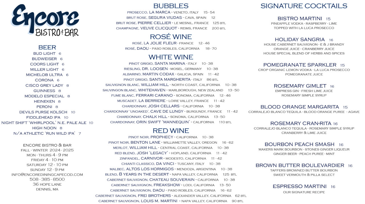 Fine Dining Dennis, Cape Cod MA - Encore Bistro and Bar | Dennis, Cape ...