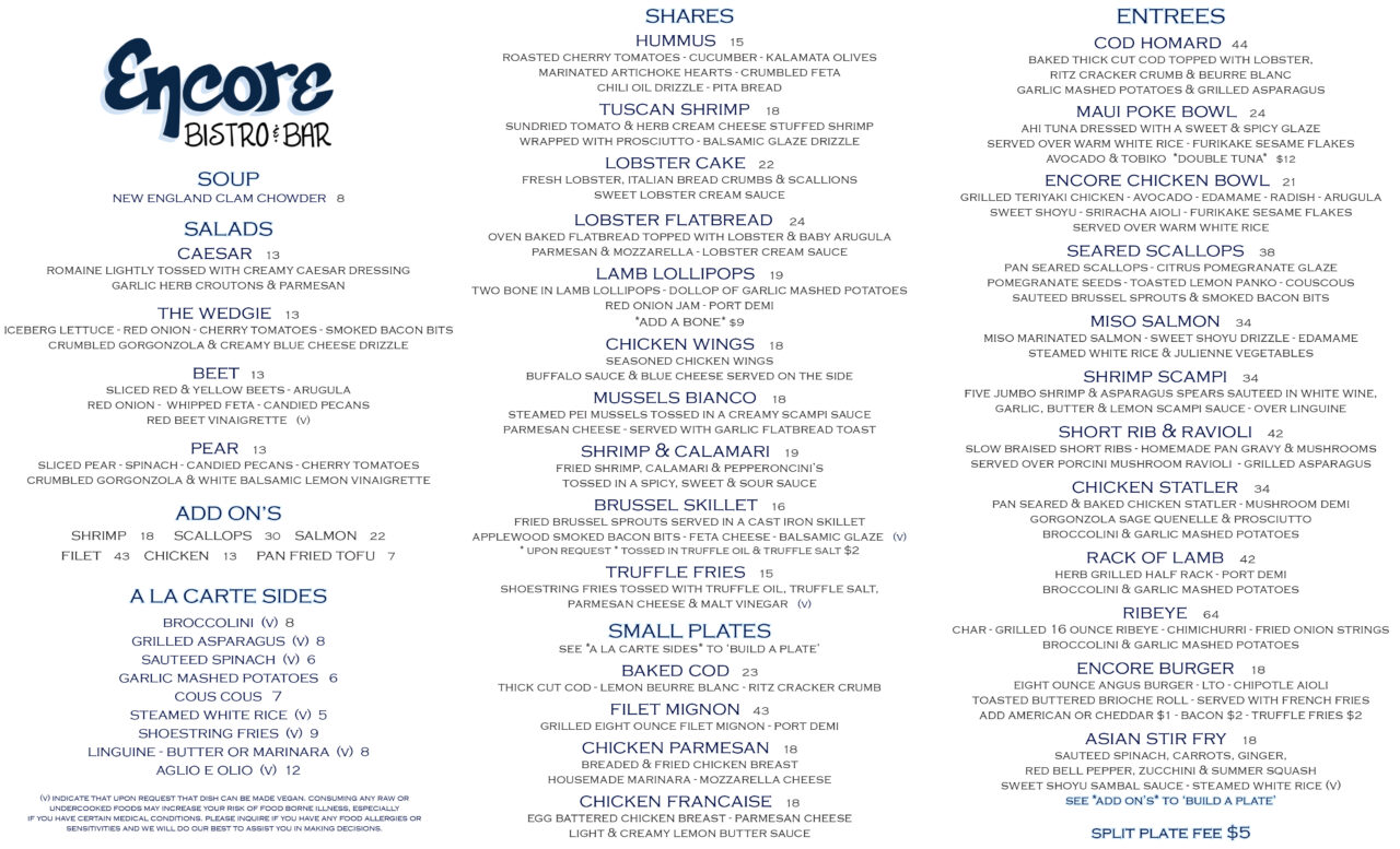 Dinner Menu - Encore Bistro and Bar | Dennis, Cape Cod Dining